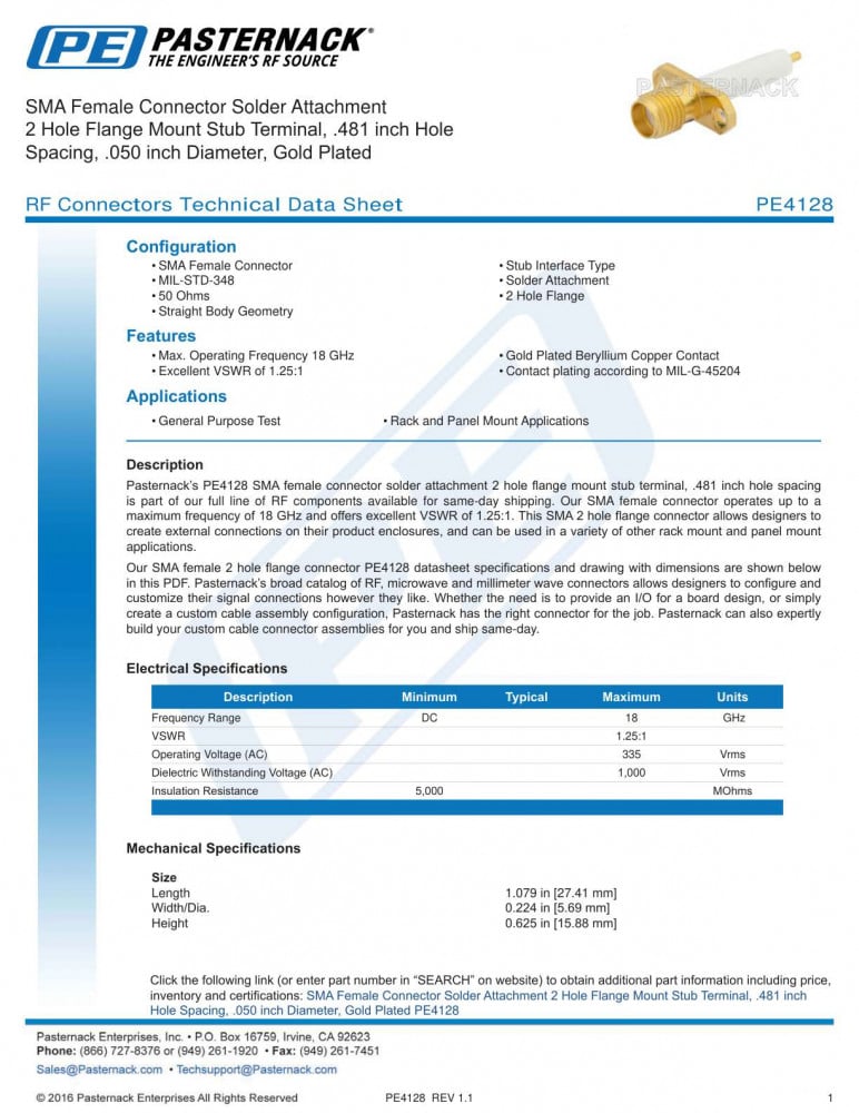 PASTERNACK PE4128 technical datasheet page 1