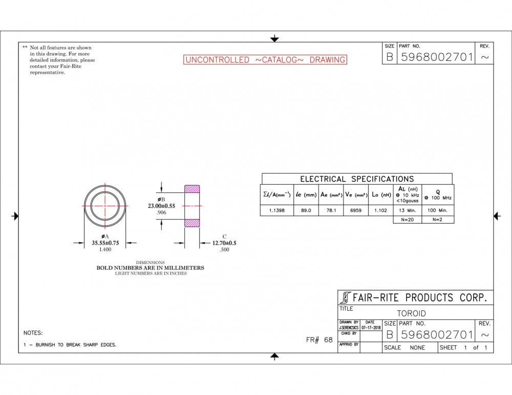 Fair-Rite 5968002701 technical drawing