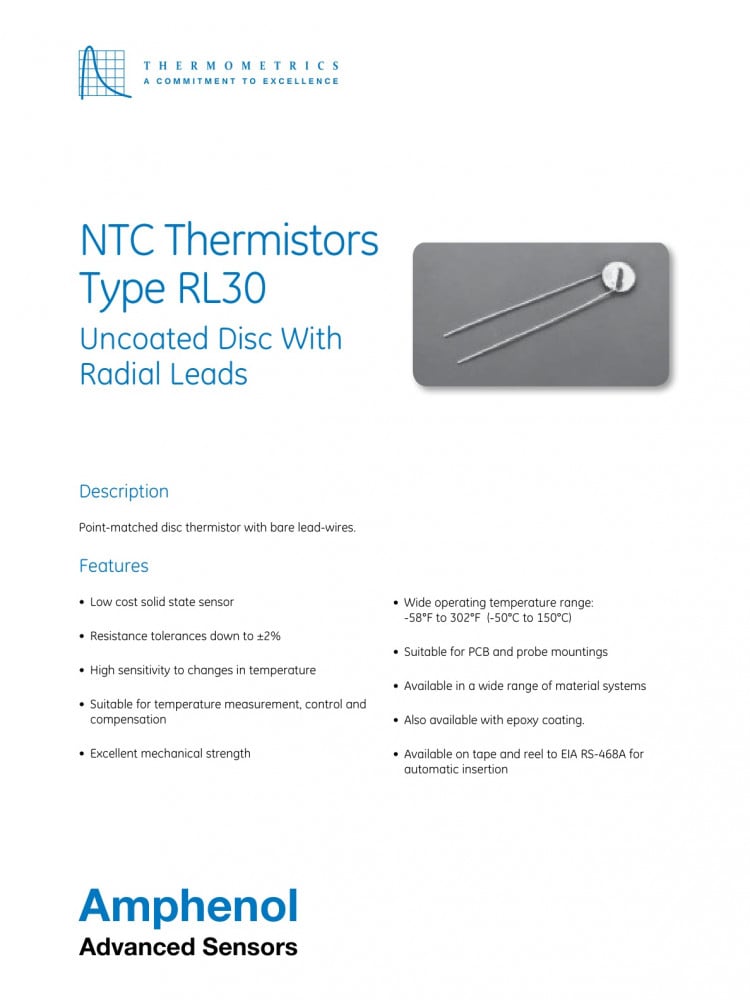 Amphenol RL30 NTC thermistor specification page