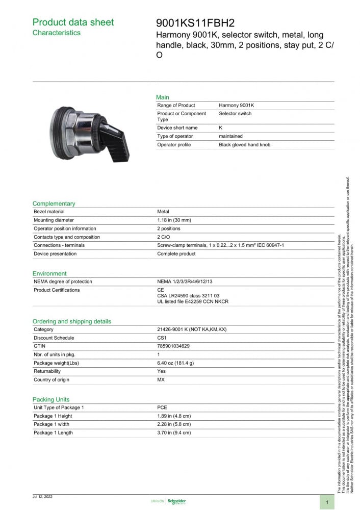 9001KS11FBH2 technical document page 1