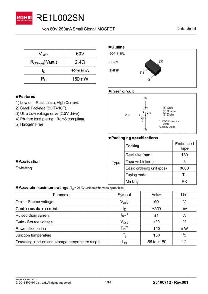 RE1L002SNTL datasheet page 1