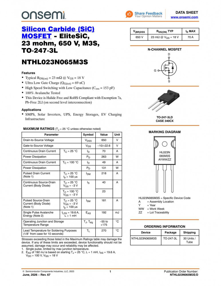 NTHL023N065M3S datasheet page 1
