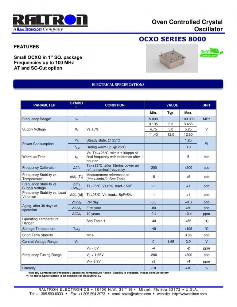 Raltron OCXO Series 8000 datasheet page 1