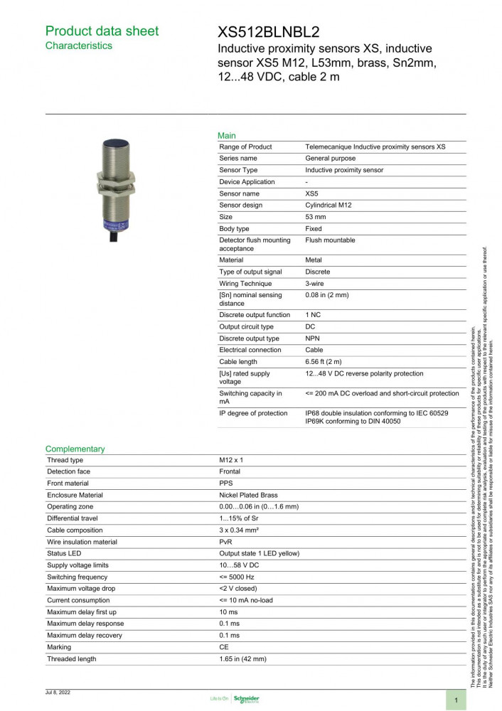 XS512BLNBL2 technical document page 1