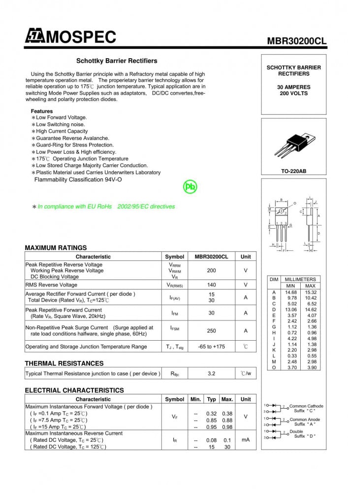 MOSPEC Schottky rectifier technical document page 1