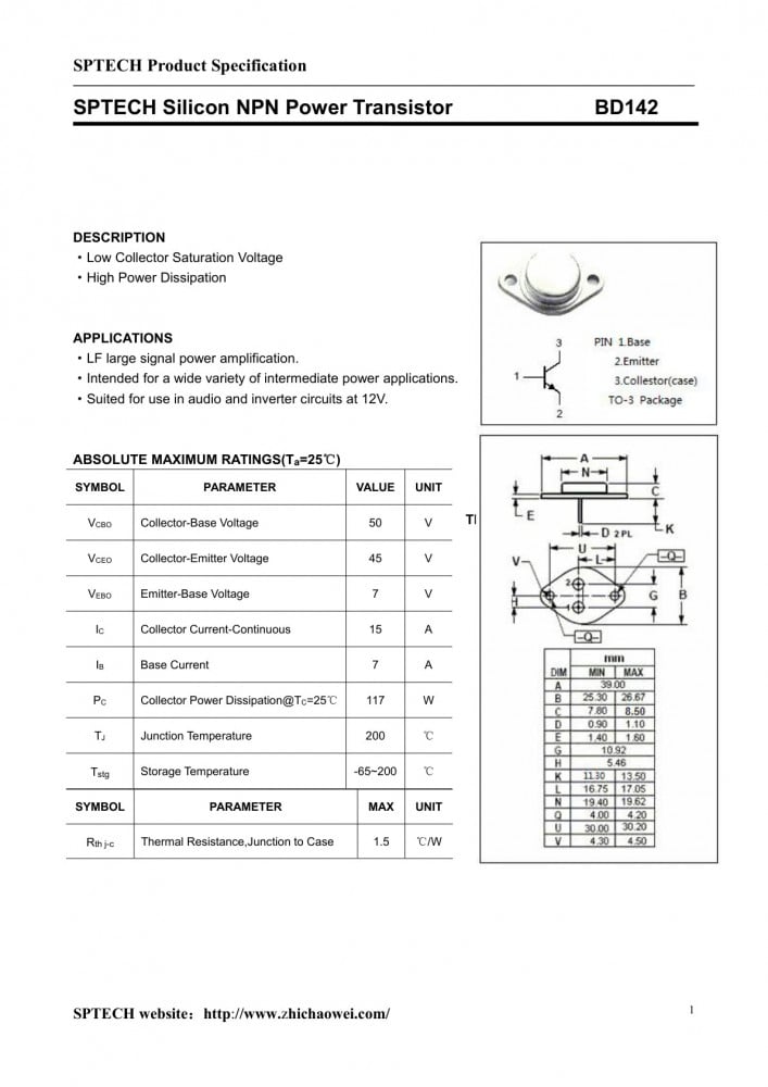 SPTECH BD142 datasheet page 1
