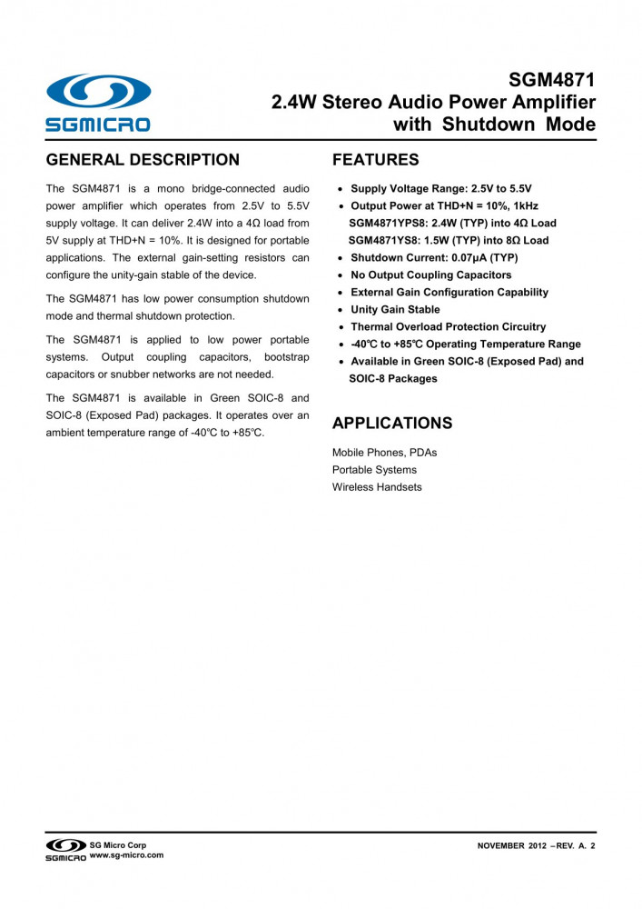 SGM4871 datasheet page 1