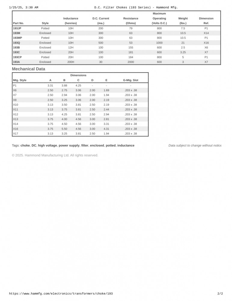 Hammond 193 Series technical document page 2
