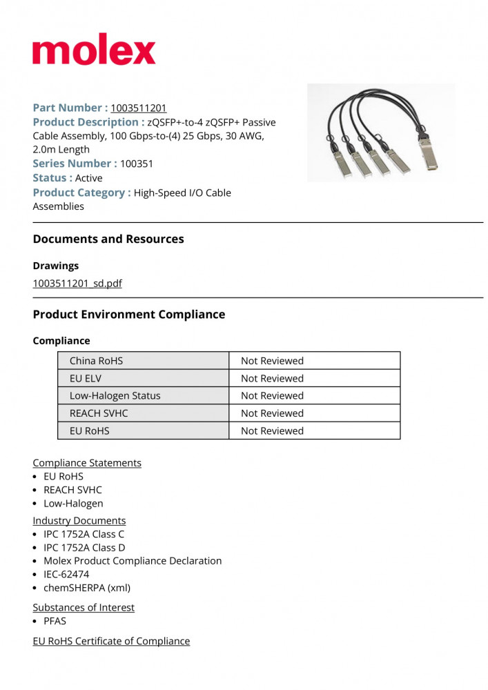 MOLEX Series 100351 QSFP+ to four QSFP+ breakout cable product drawing, page 1