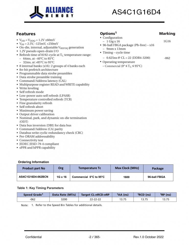 AS4C1G16D4 datasheet page 2