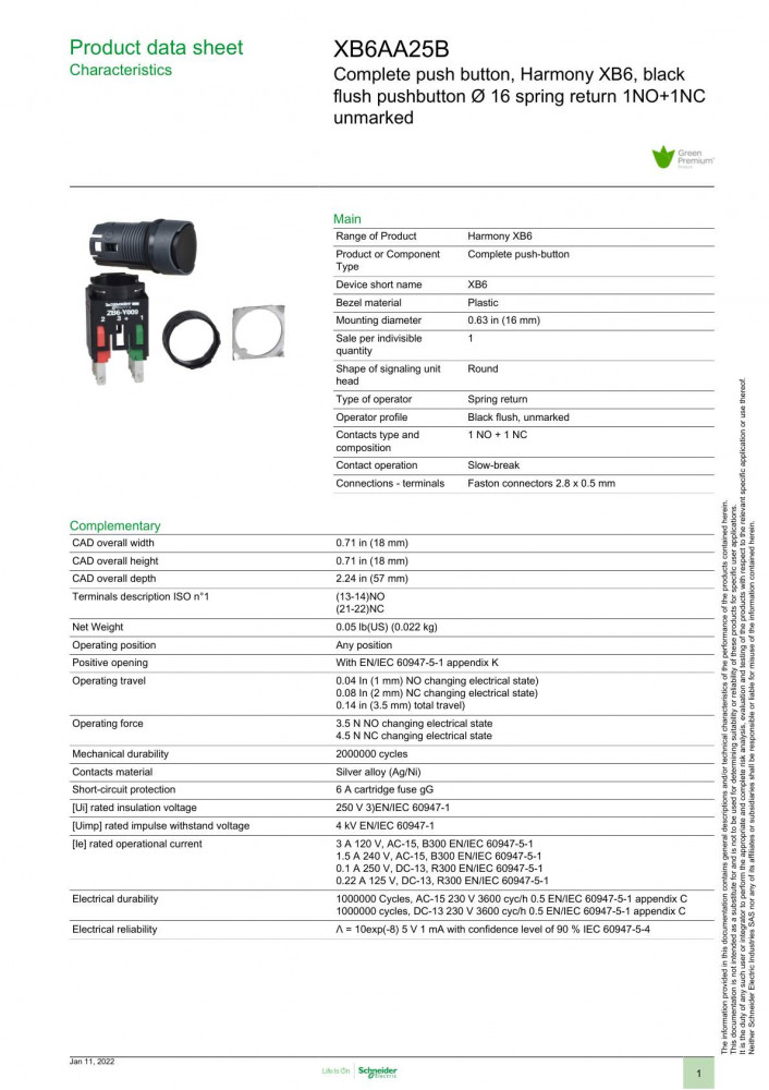 XB6AA25B technical document page 1