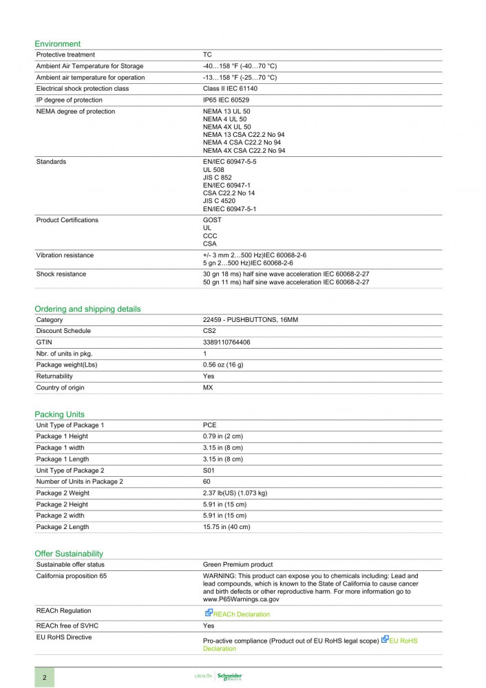 XB6AA25B technical document page 2
