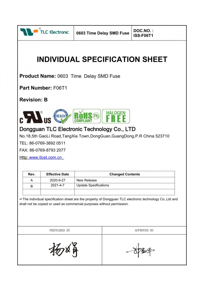 F06T1 specification sheet page 1