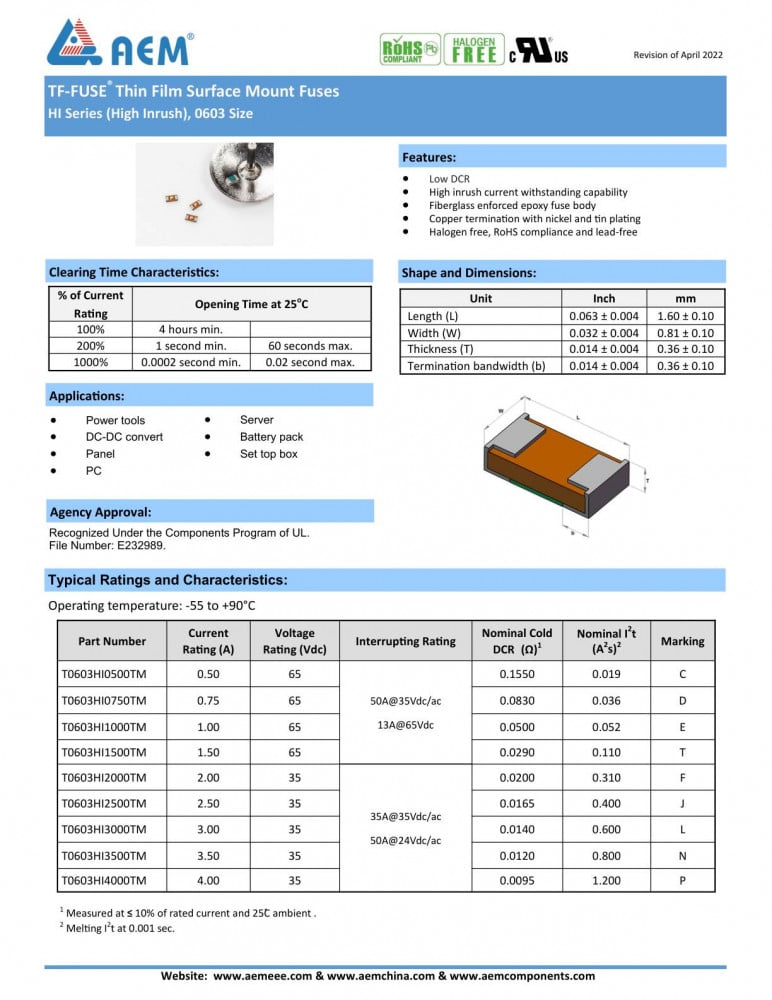 AEM T0603HI1000TM datasheet page 1