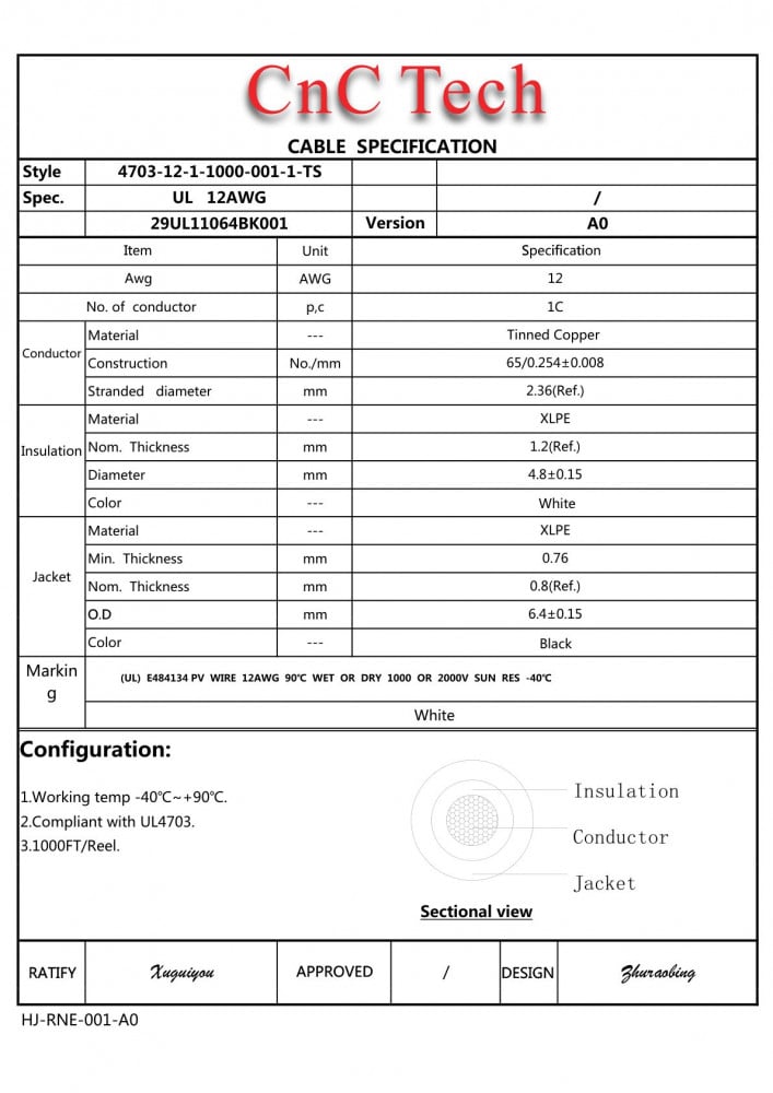 CNC Tech 4703-12-1-1000-001-1-TS cable specification sheet