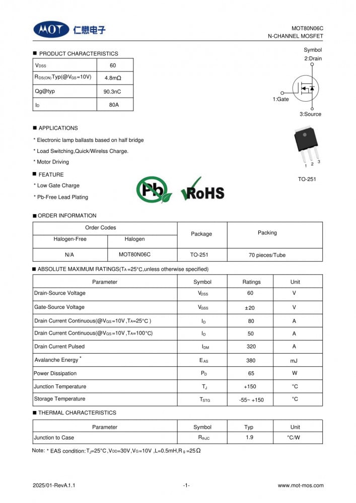 MOT80N06C datasheet page 1