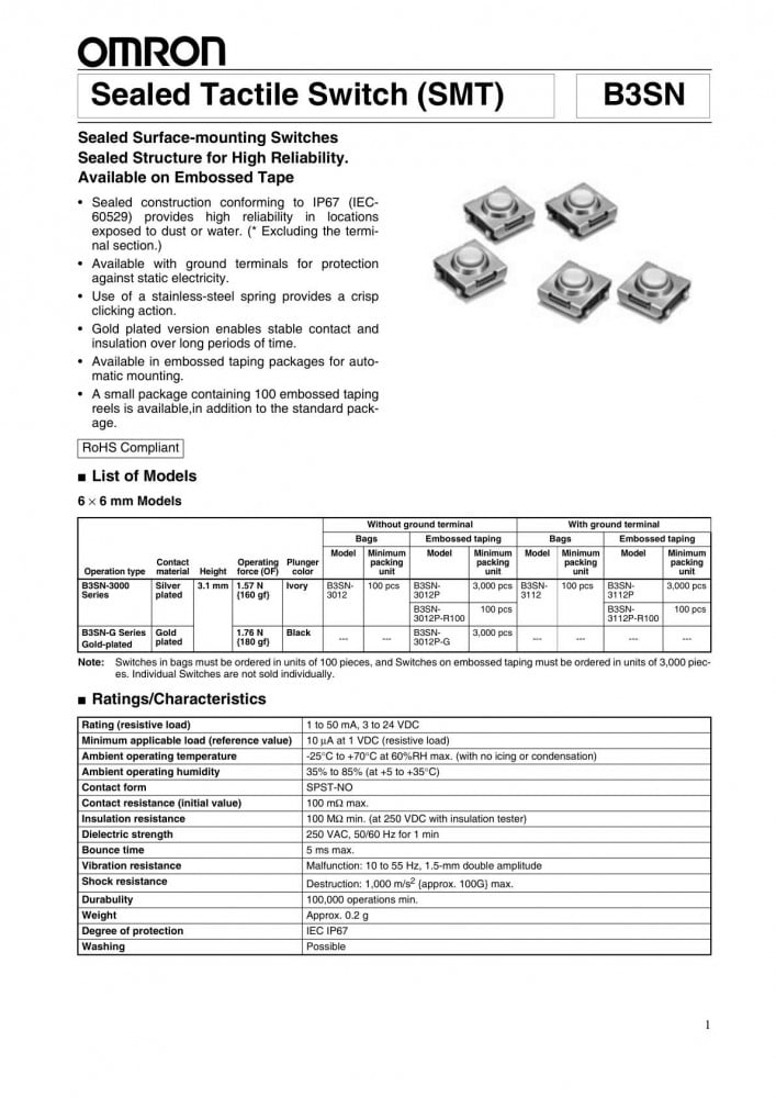 OMRON B3SN series datasheet page 1