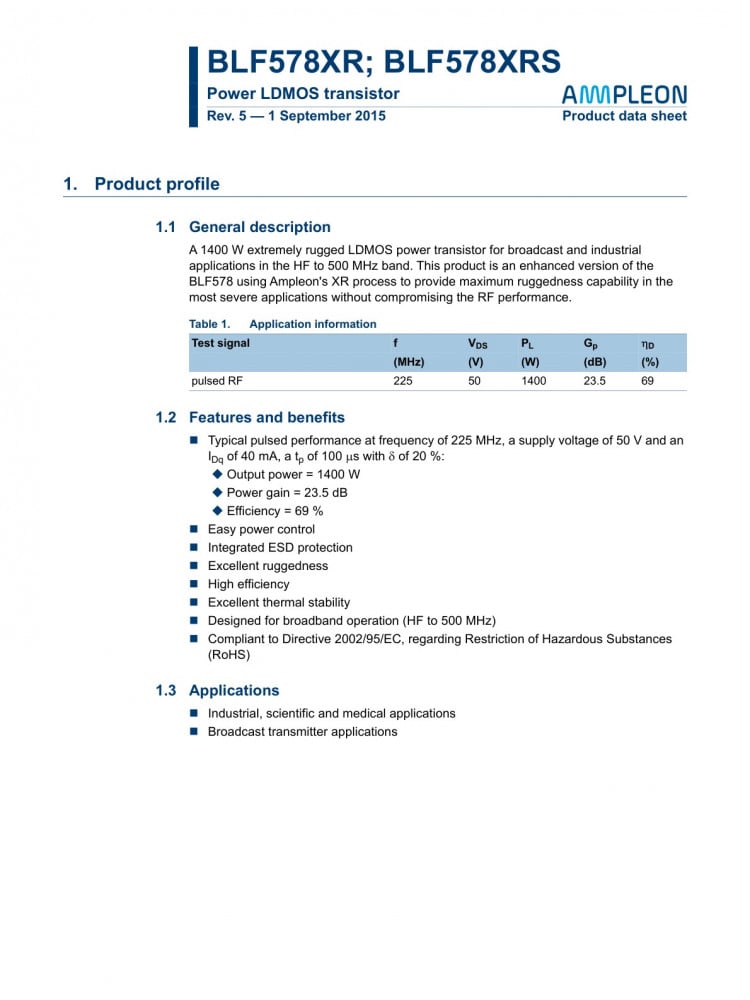 BLF578XR datasheet page 1