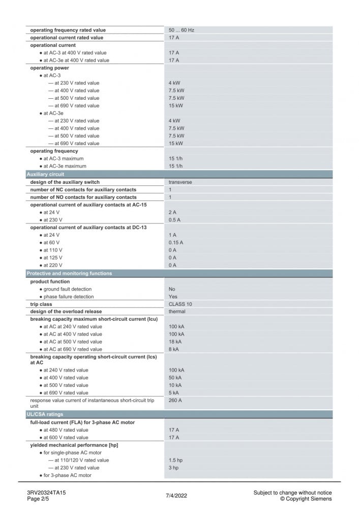 3RV20324TA15 datasheet page 2