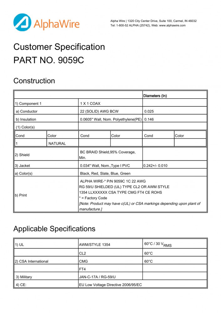 Alpha Wire 9059C technical document page 1