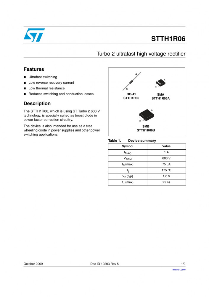 STTH1R06 datasheet page 1