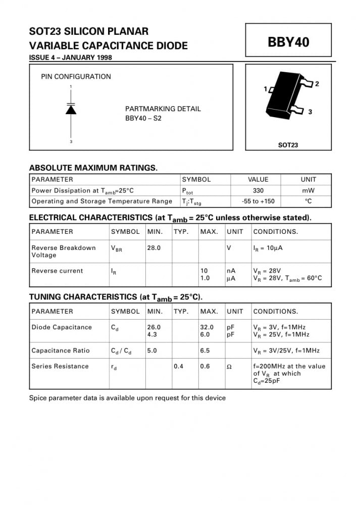 BBY40TA datasheet page showing pin configuration and marking