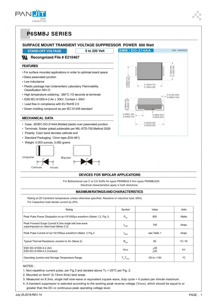 PANJIT P6SMBJ series datasheet page 1