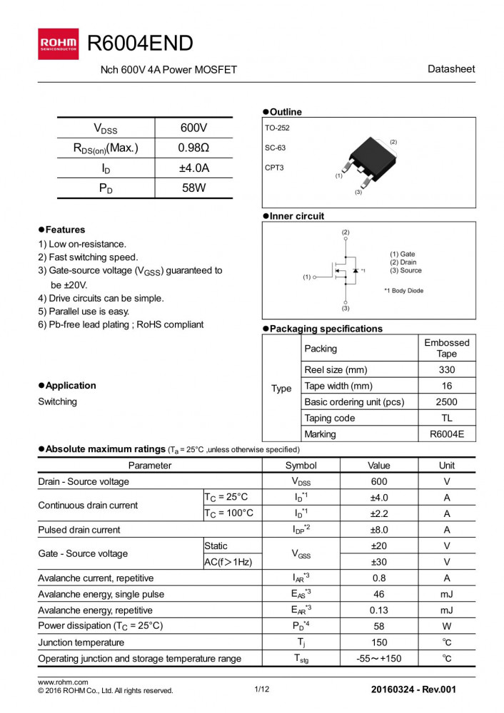 R6004ENDTL datasheet page 1