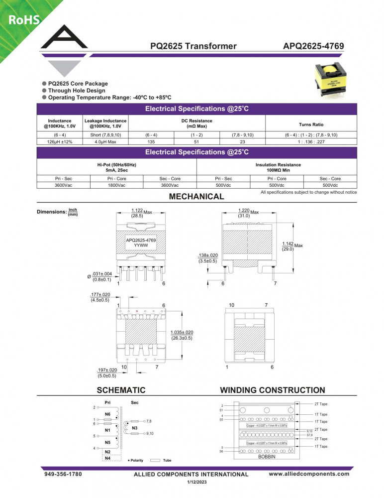 APQ2625-4769 transformer technical document page