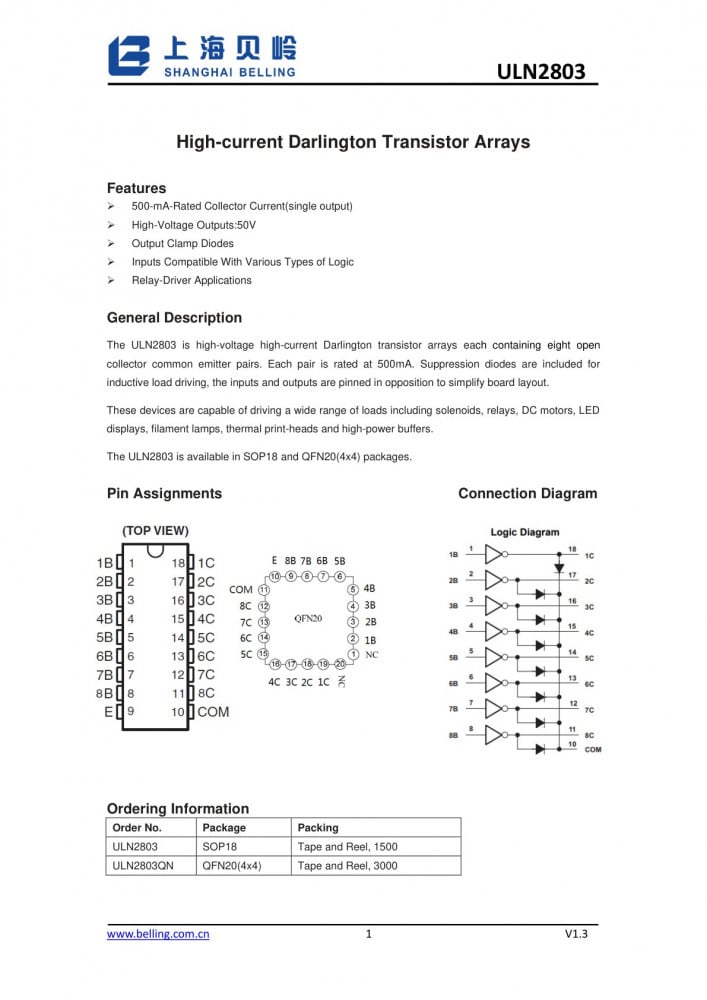 ULN2803 datasheet page 1