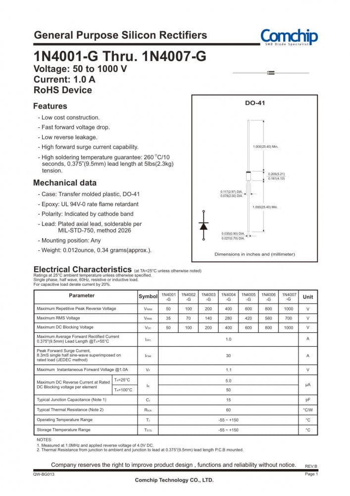 Comchip 1N4007-G datasheet page 1