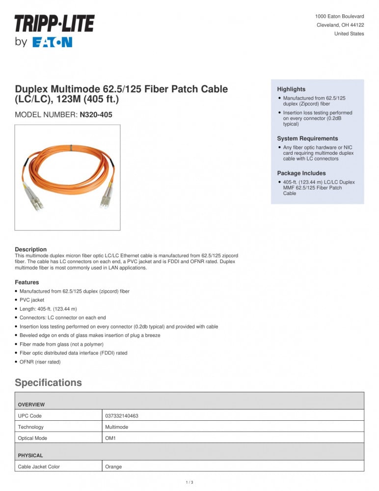 N320-405 product document page 1