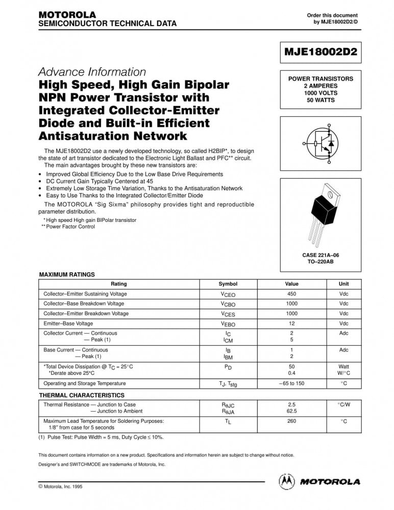 MJE18002D2 datasheet page 1