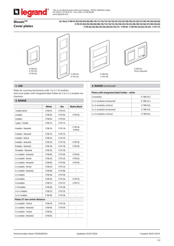 Legrand Mosaic cover plate technical document, page 1
