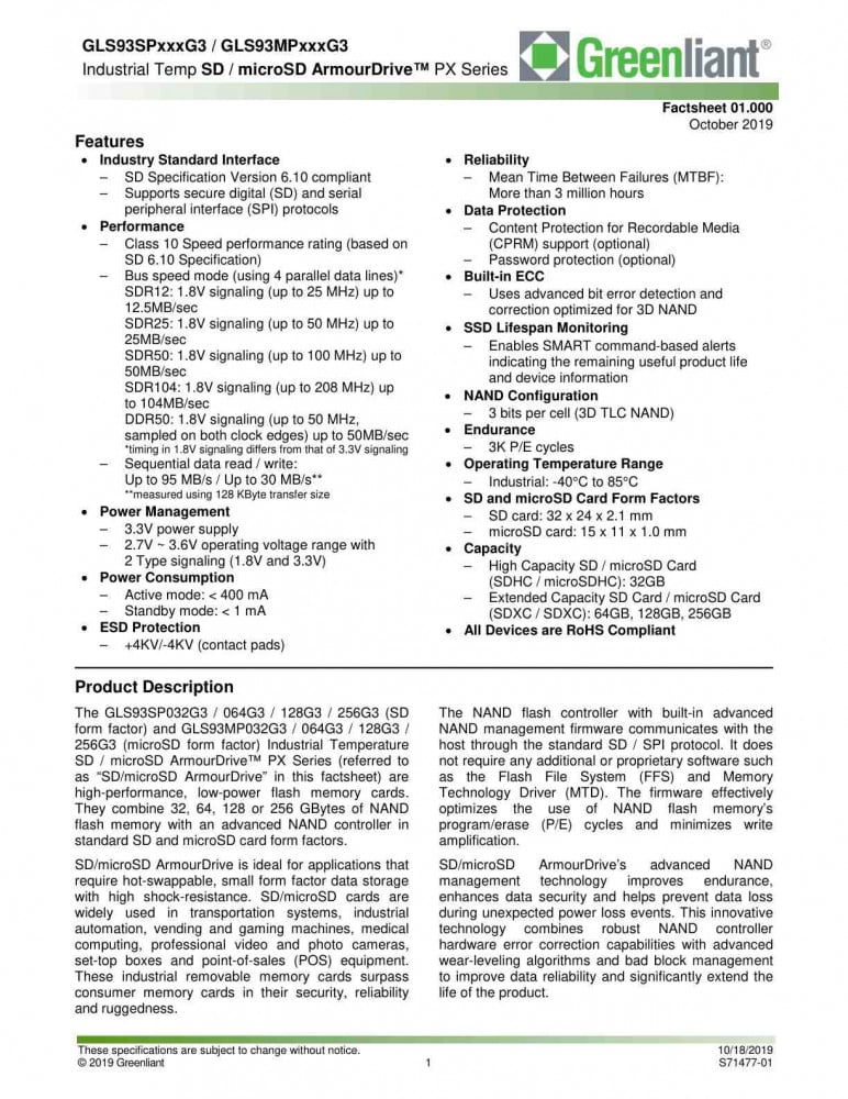 Greenliant GLS93SP032G3-I-BZ802 datasheet page 1