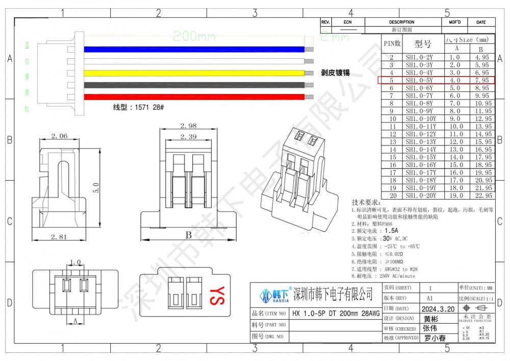 HX 1.0-5P DT 200mm 28AWG technical document preview