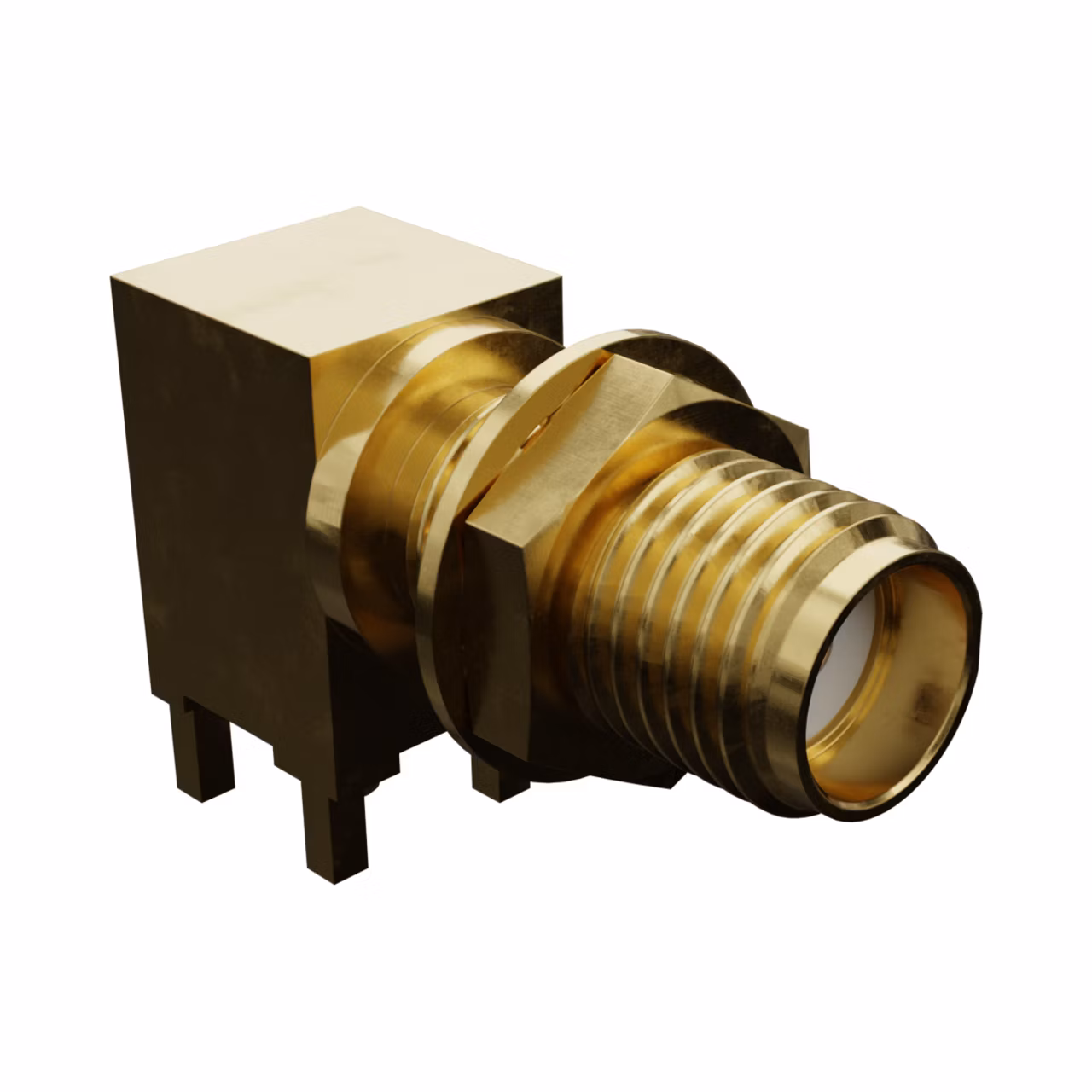 SMA Jack, Right-Angle, Bulkhead Receptacle, PCB, Through Hole, Brass Body, Gold (Au) Plated, Jam Nut and Lockwasher Included, 2.79mm Leg Length, 20 Pieces Per Tray, 50 Ohms for sale