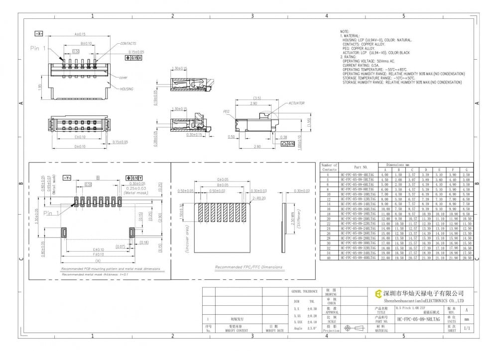 HCTL HC-FPC connector drawing page 1