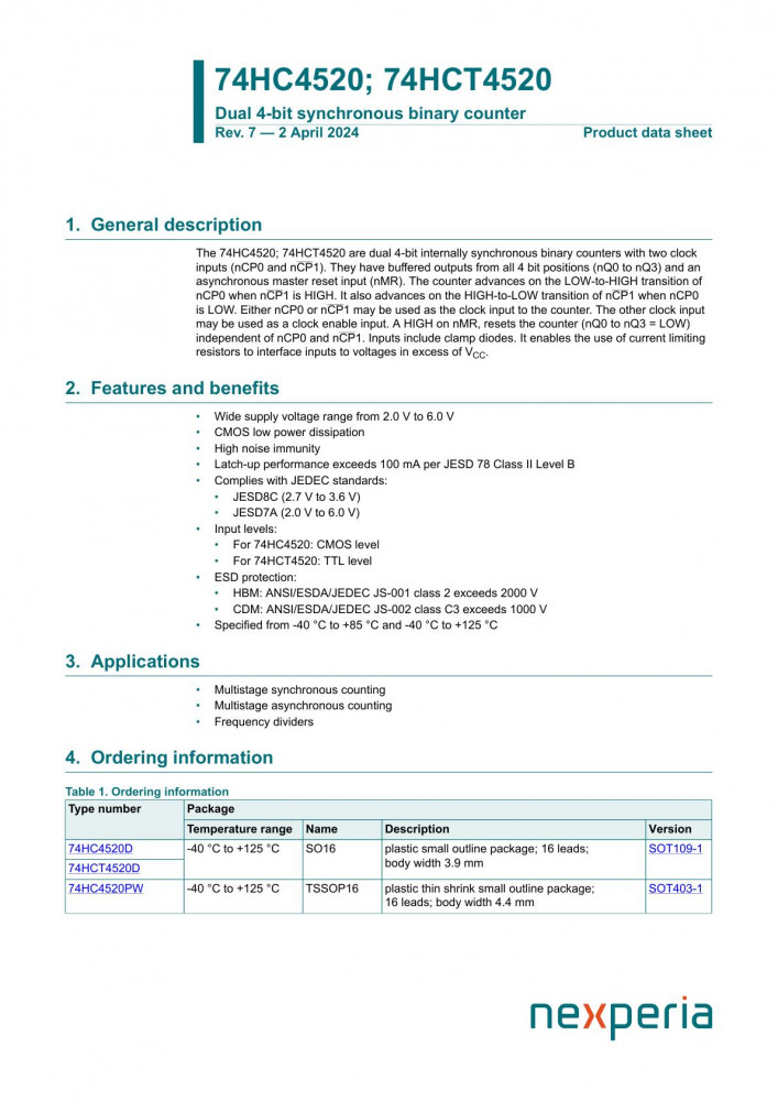 74HC4520D datasheet page 1