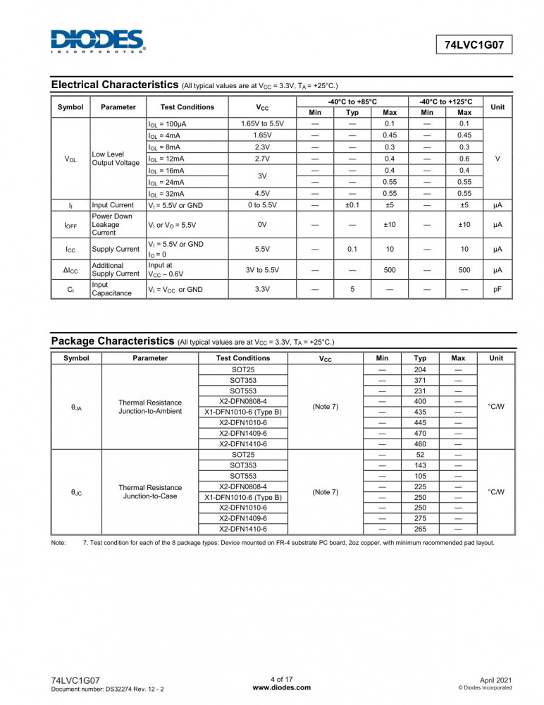 74LVC1G07FX4-7 datasheet page 4