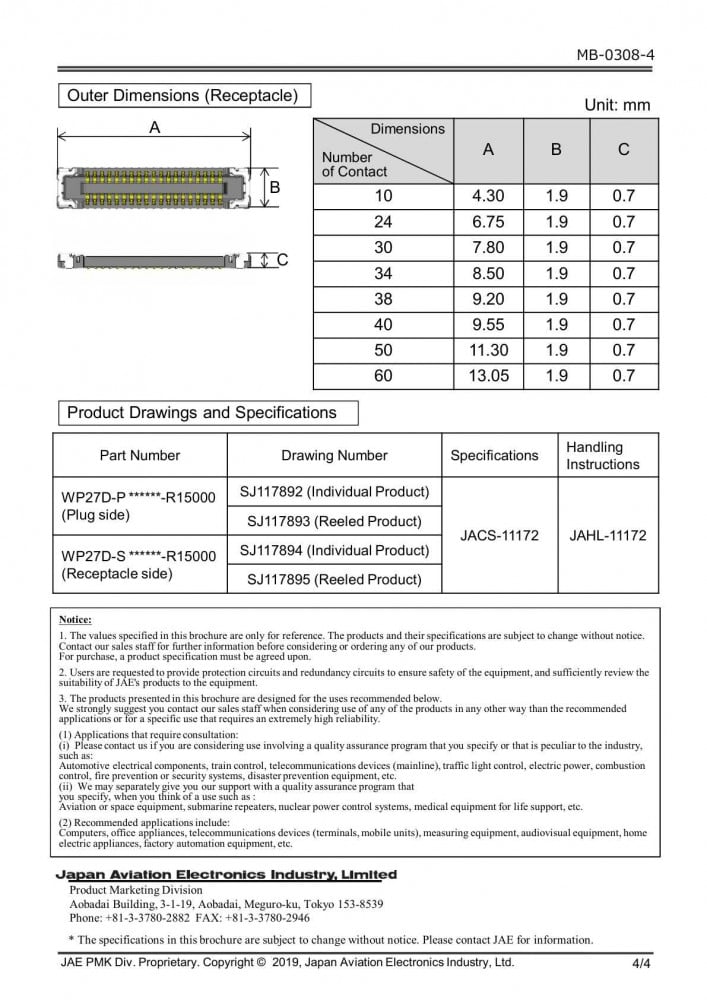 JAE WP27D Series document page 4