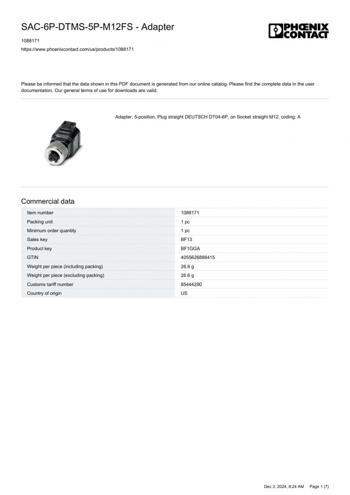 Phoenix Contact 1088171 product documentation page 1