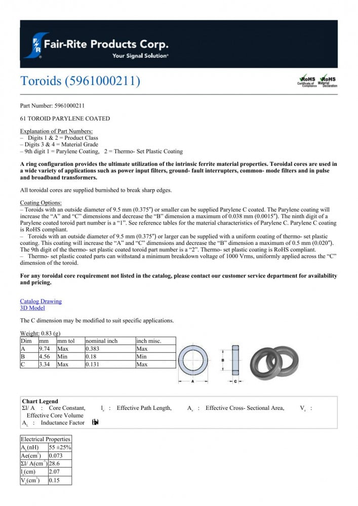 Fair-Rite 5961000211 technical document page 1
