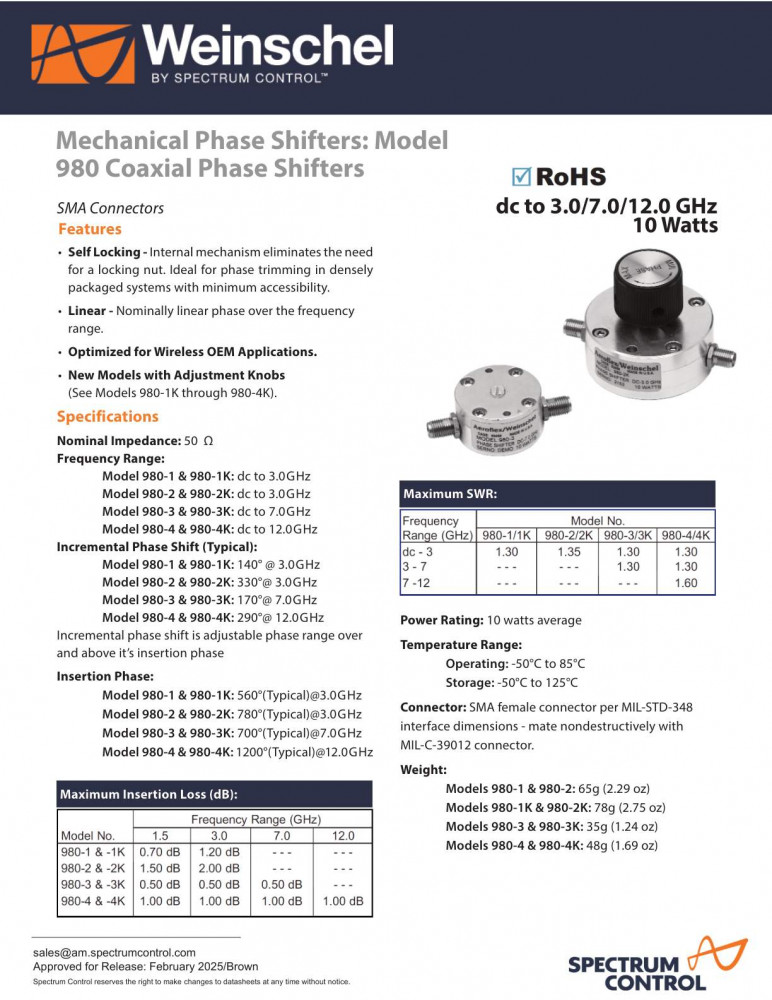 Spectrum Control Model 980 coaxial phase shifter technical document page 1