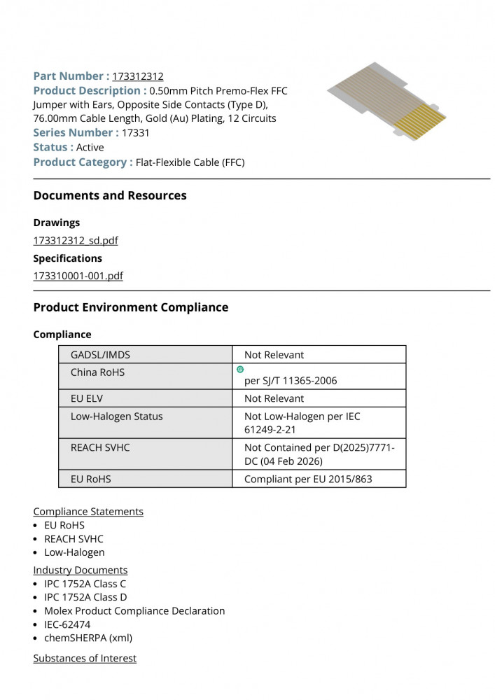 MOLEX 173312312 technical document page 1