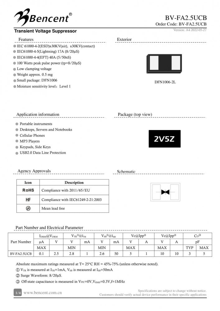 BV-FA2.5UCB datasheet page 1
