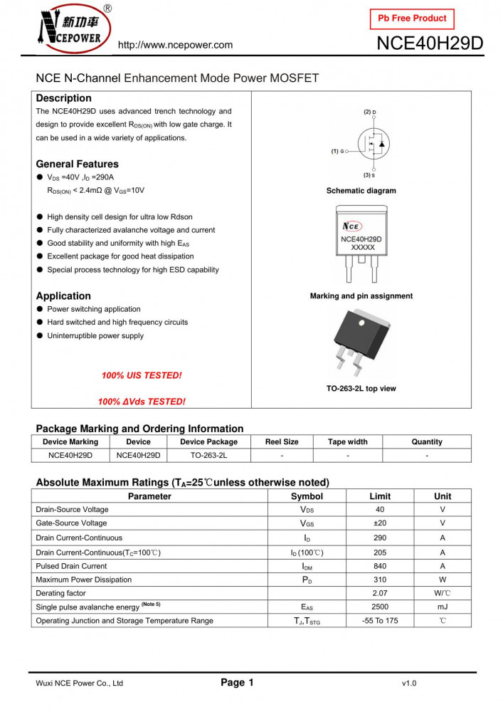 NCE40H29D datasheet page 1