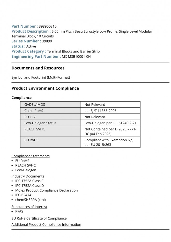 MOLEX 398900310 document preview, page 1