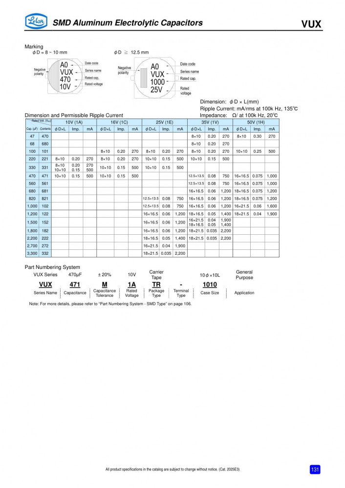 Lelon VUX series datasheet page 2