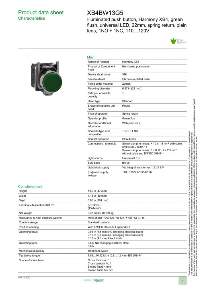 XB4BW13G5 technical document page 1